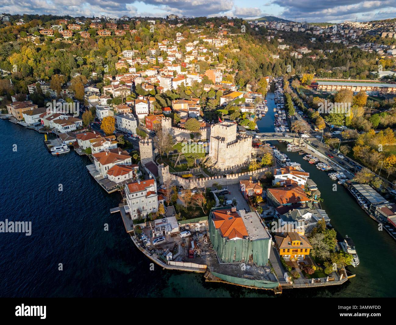 Aerial view of the historic anatolian fortress at sunset with beautiful ...