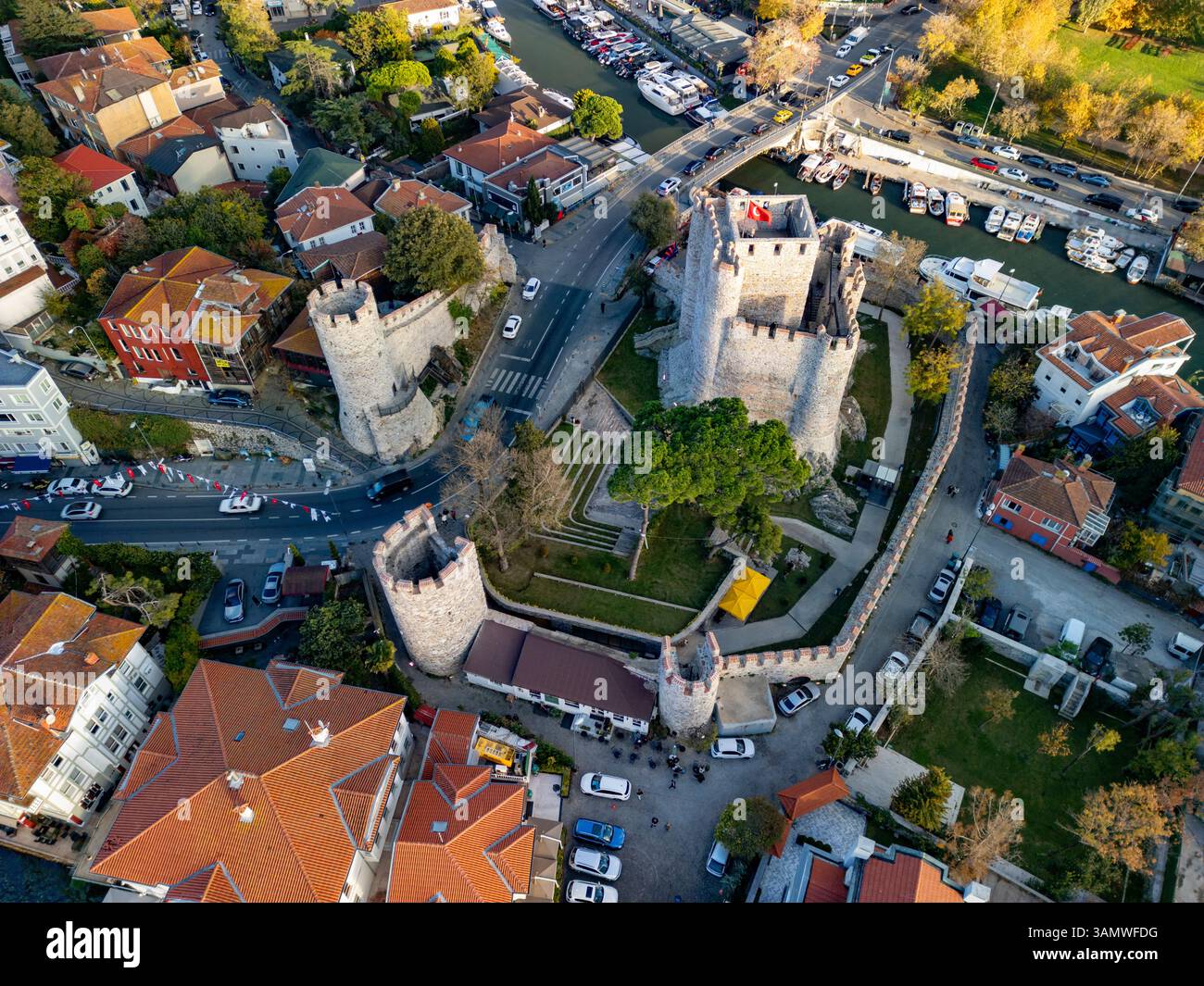 Aerial view of the historic anadolu hisari fortress with stone walls ...
