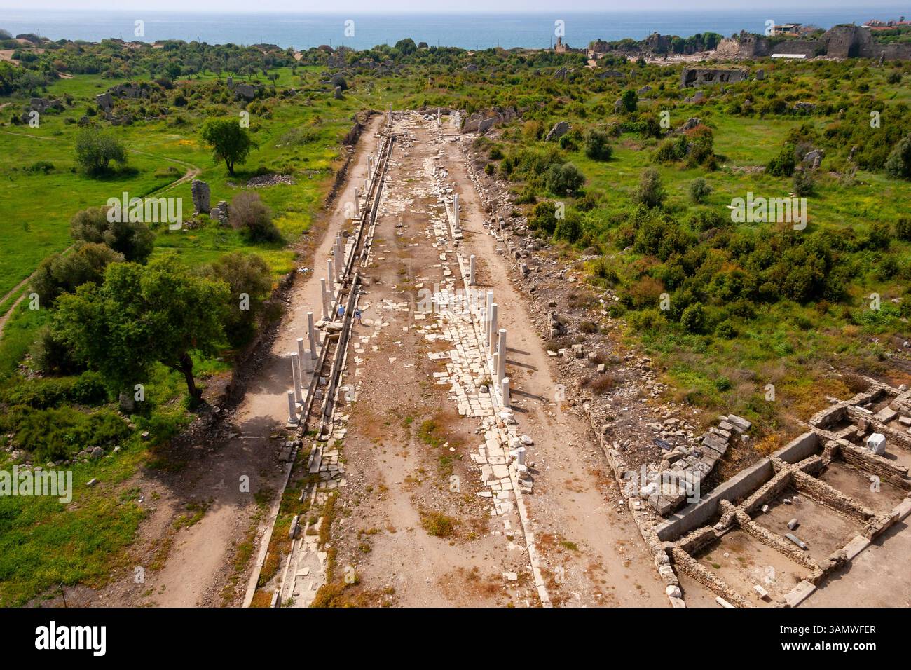 Aerial view of ancient ruins with columns and an ancient road amidst ...