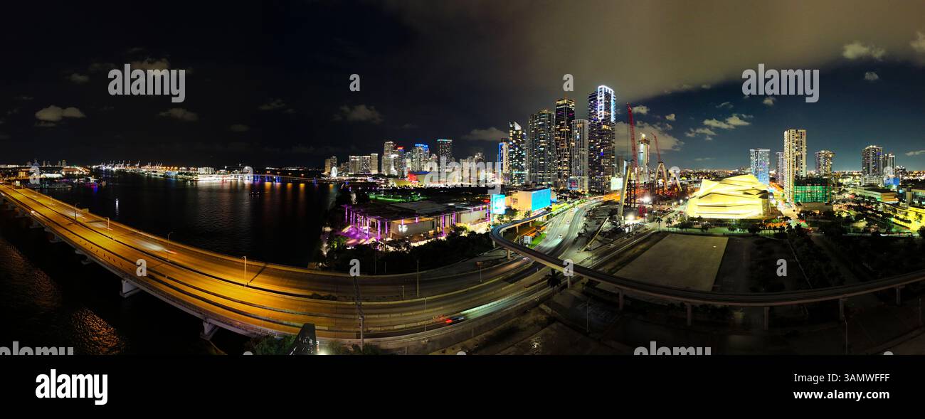 Aerial view of illuminated downtown miami skyline with modern ...