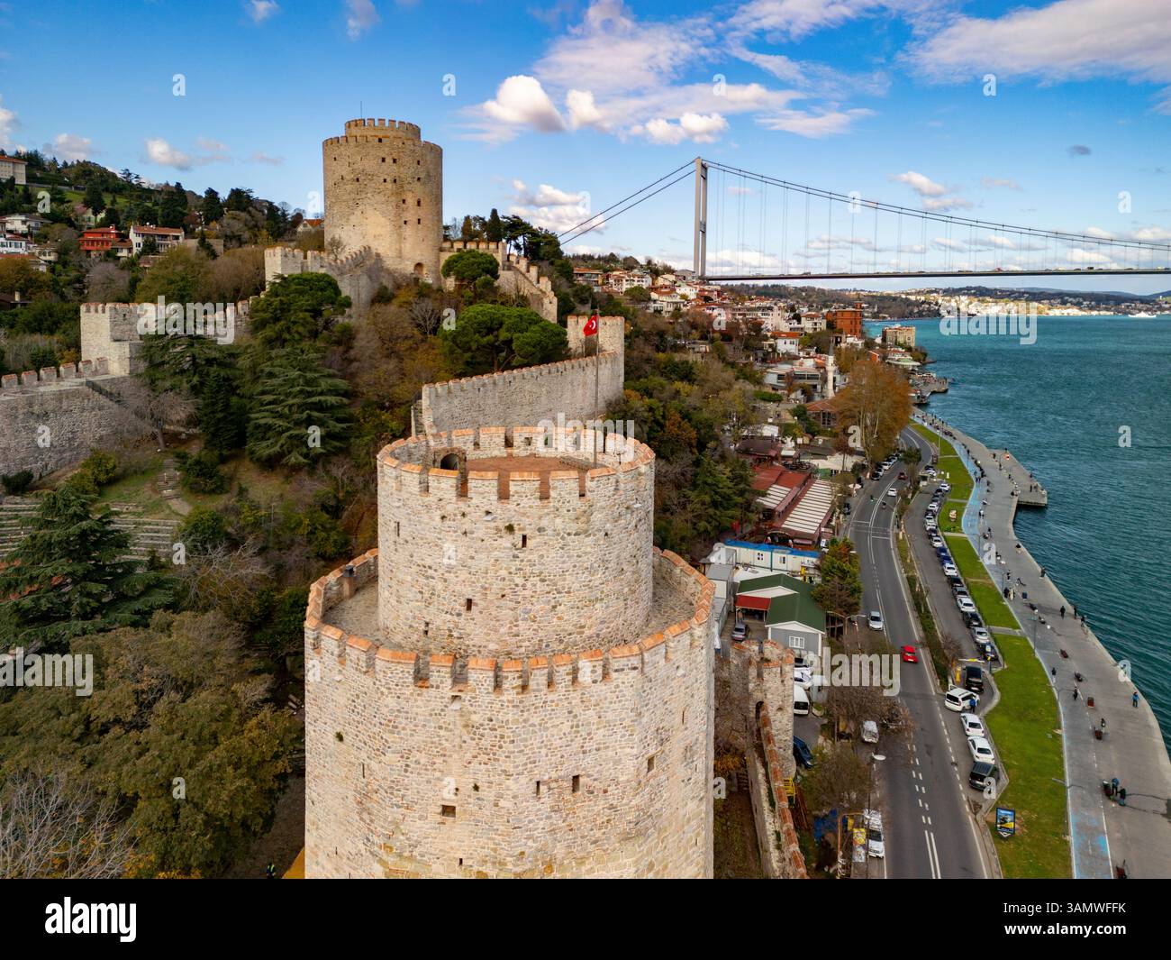 Aerial view of rumeli fortress and fatih bridge over the bosphorus with ...