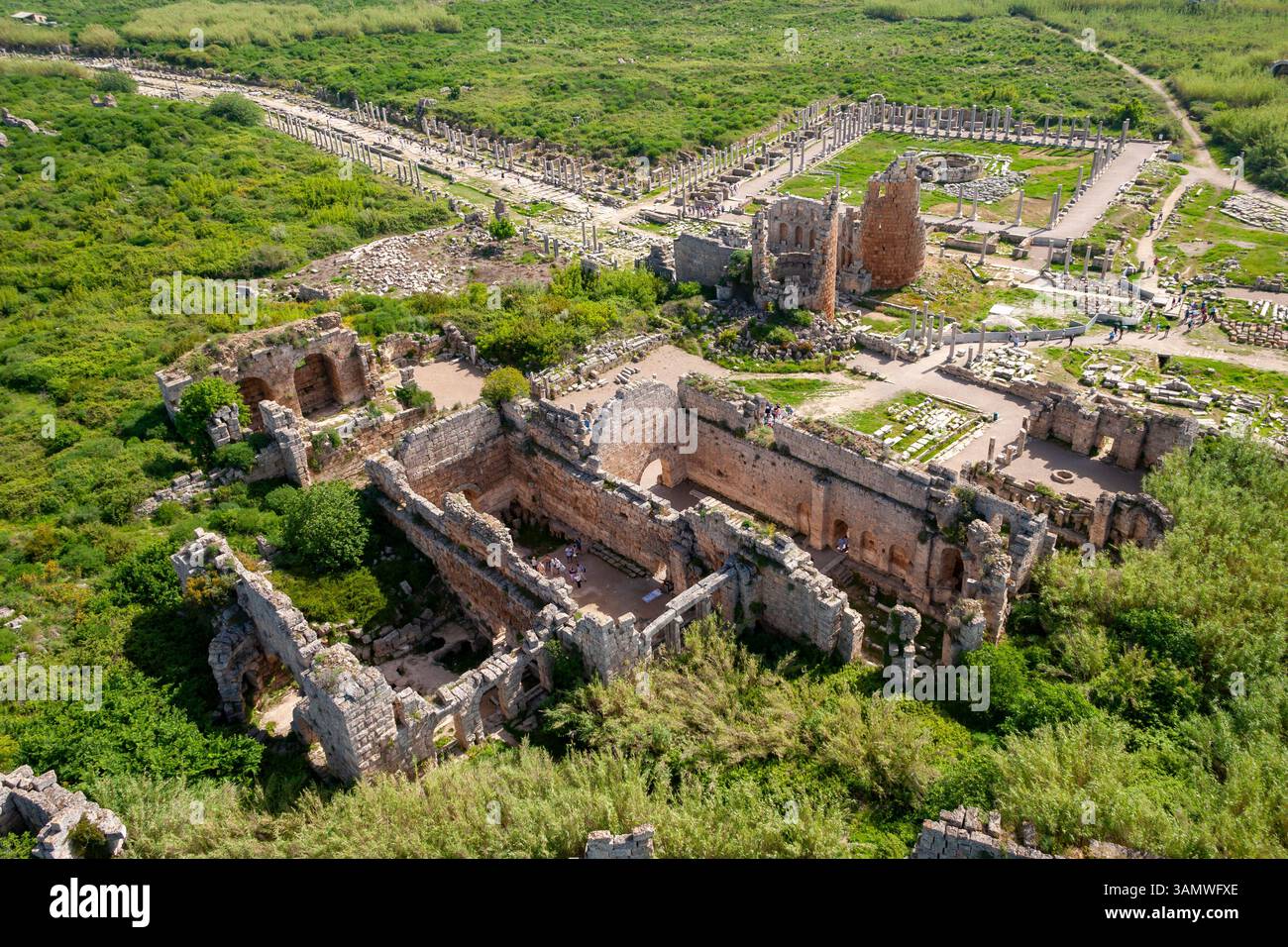 Aerial view of ancient ruins and stone structures surrounded by ...