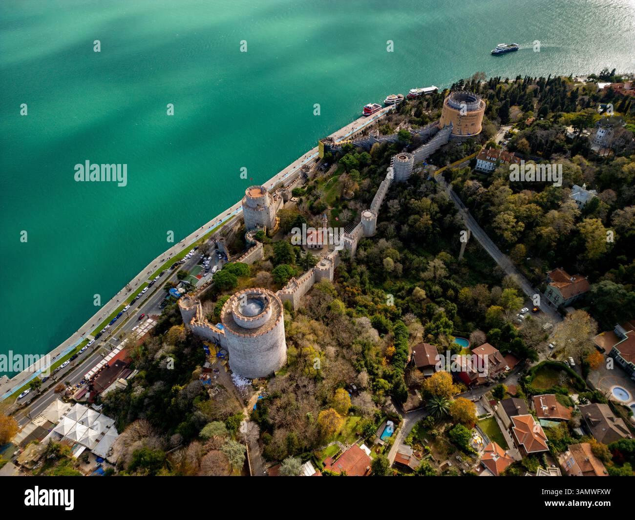 Aerial view of Rumeli Fortress overlooking the Bosphorus with scenic ...