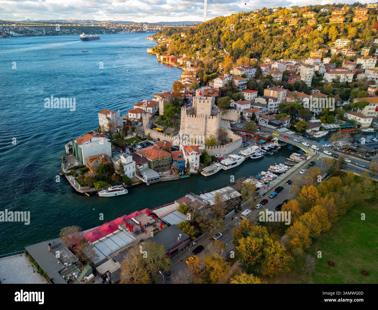Aerial view of the historic anadolu hisari fortress by the bosphorus ...