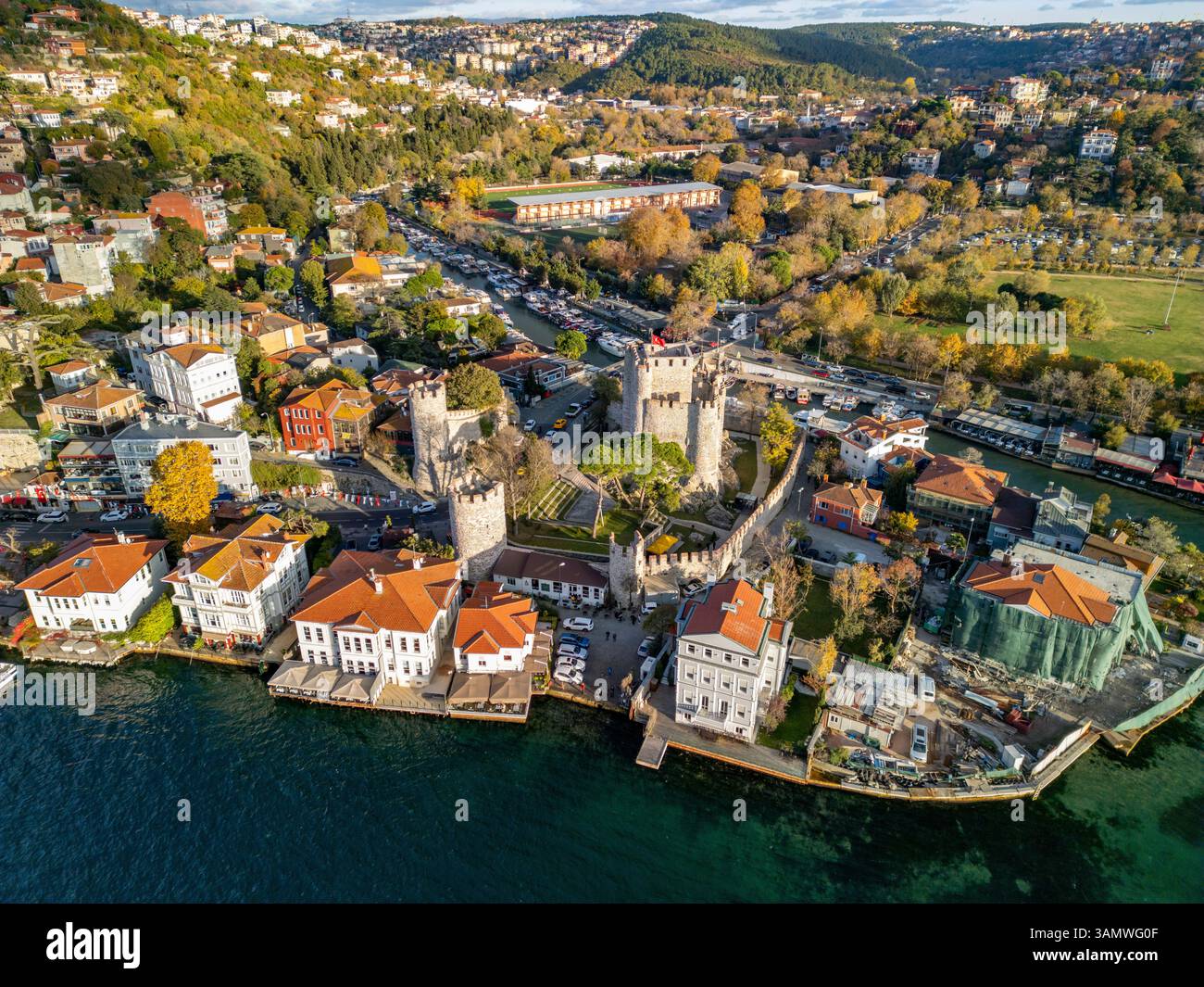 Aerial view of the historic anatolian fortress and scenic coastline ...