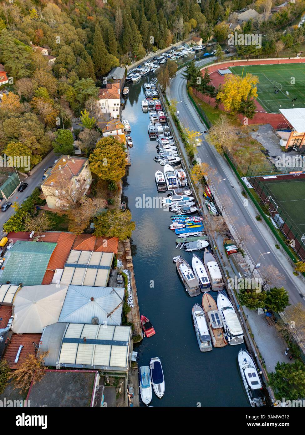 Aerial view of goksu creek with boats and buildings surrounded by ...