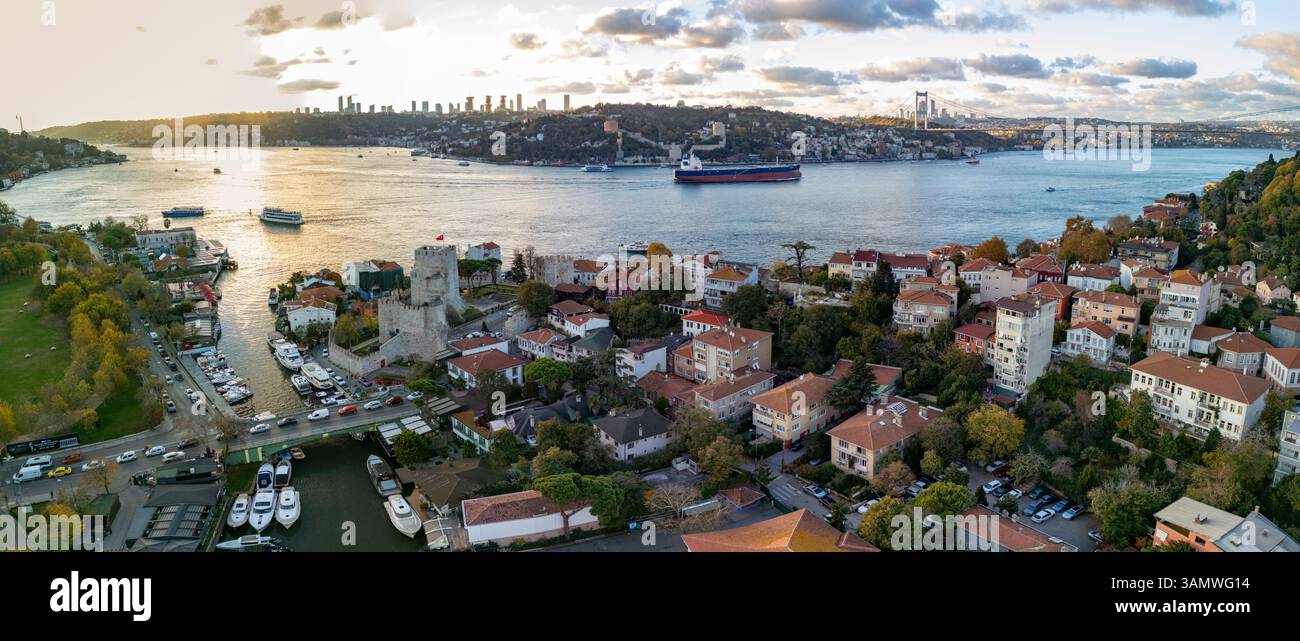 Aerial view of anadolu hisari with anatolian fortress and rumeli ...