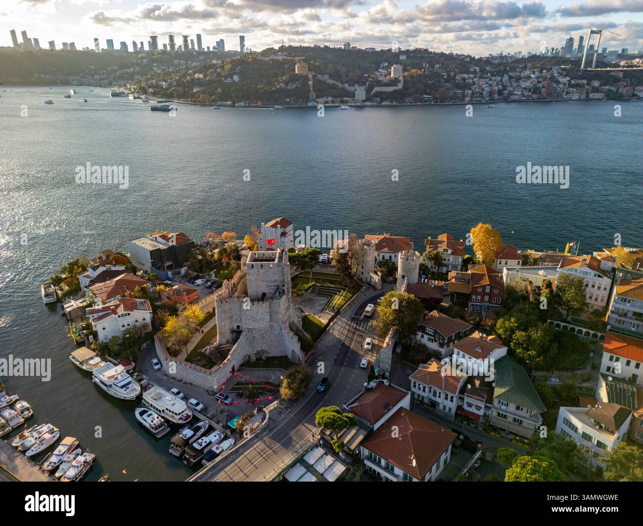 Aerial view of the beautiful Anadolu Fortress and Bosphorus River with ...