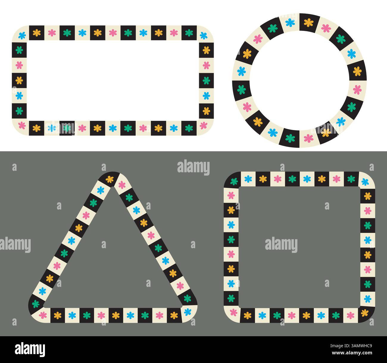 Checkered frame, flower symbol set. Square boarder, circle, triangle ...