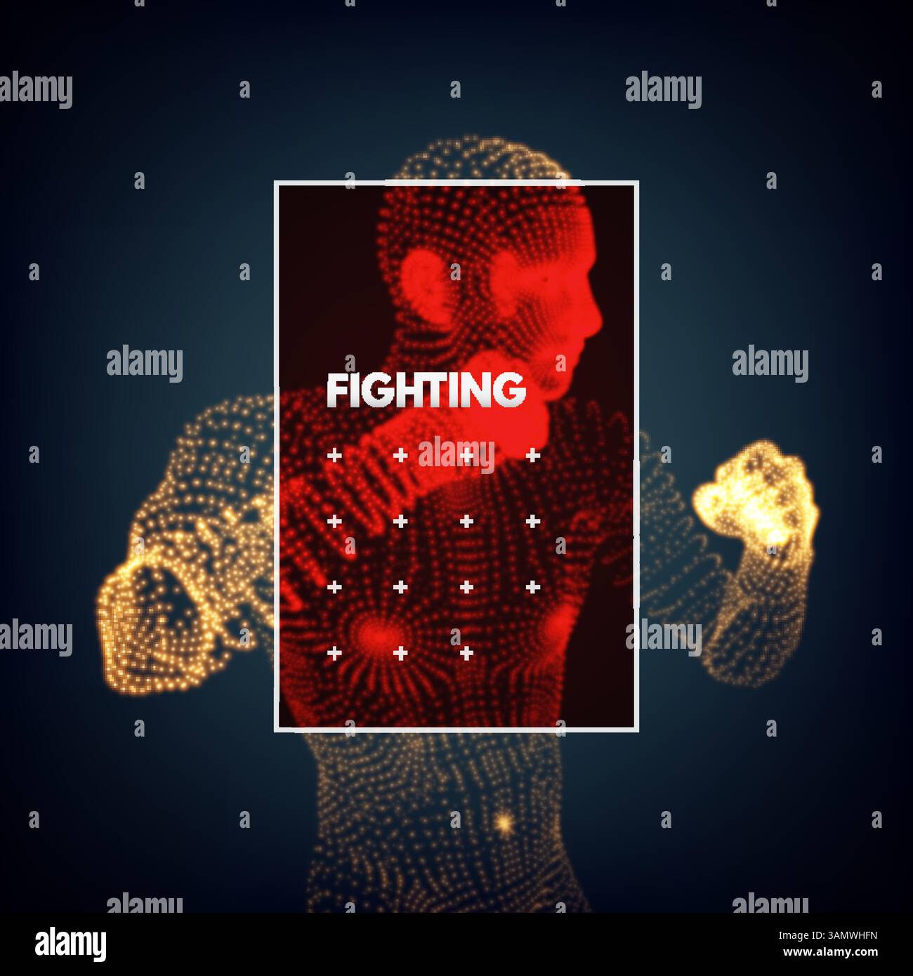 Boxer. Fighting men. 3d model of man. Body scanning. Vector graphics ...