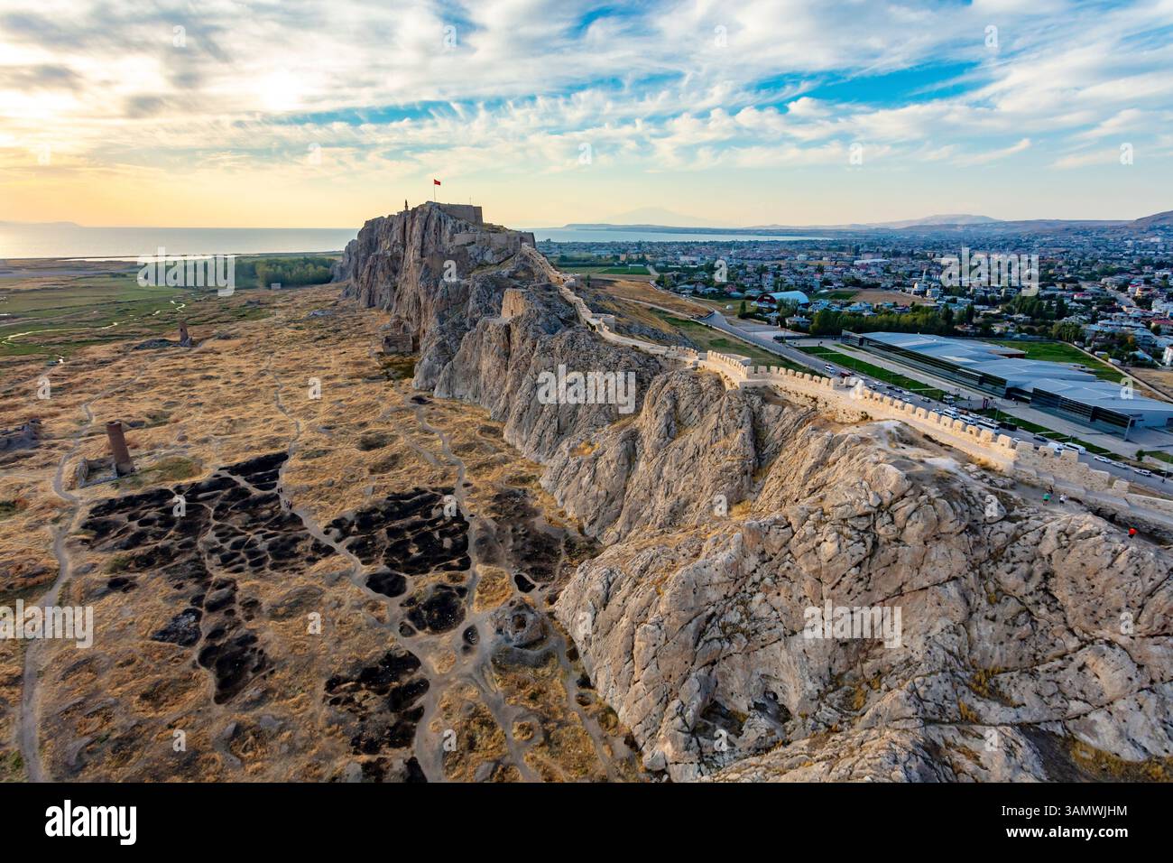 Aerial view of Castle of Van and ruins of Tushpa, Van, Turkey Stock ...