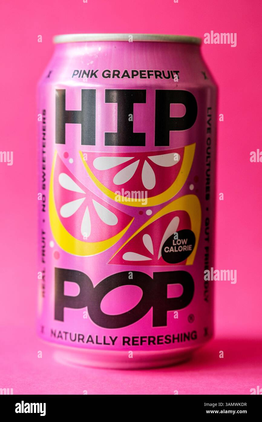 London UK, April 14 2025, Hip Pop Carbonated Fizzy Pink Grapefruit ...