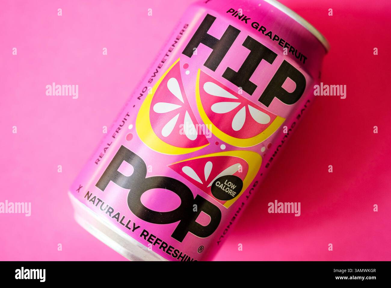 London UK, April 14 2025, Hip Pop Carbonated Fizzy Pink Grapefruit ...