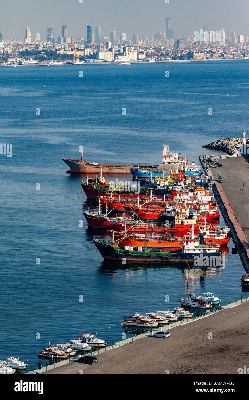 Aerial view of refueling ships docked in Yenikapi on the Marmara Sea ...