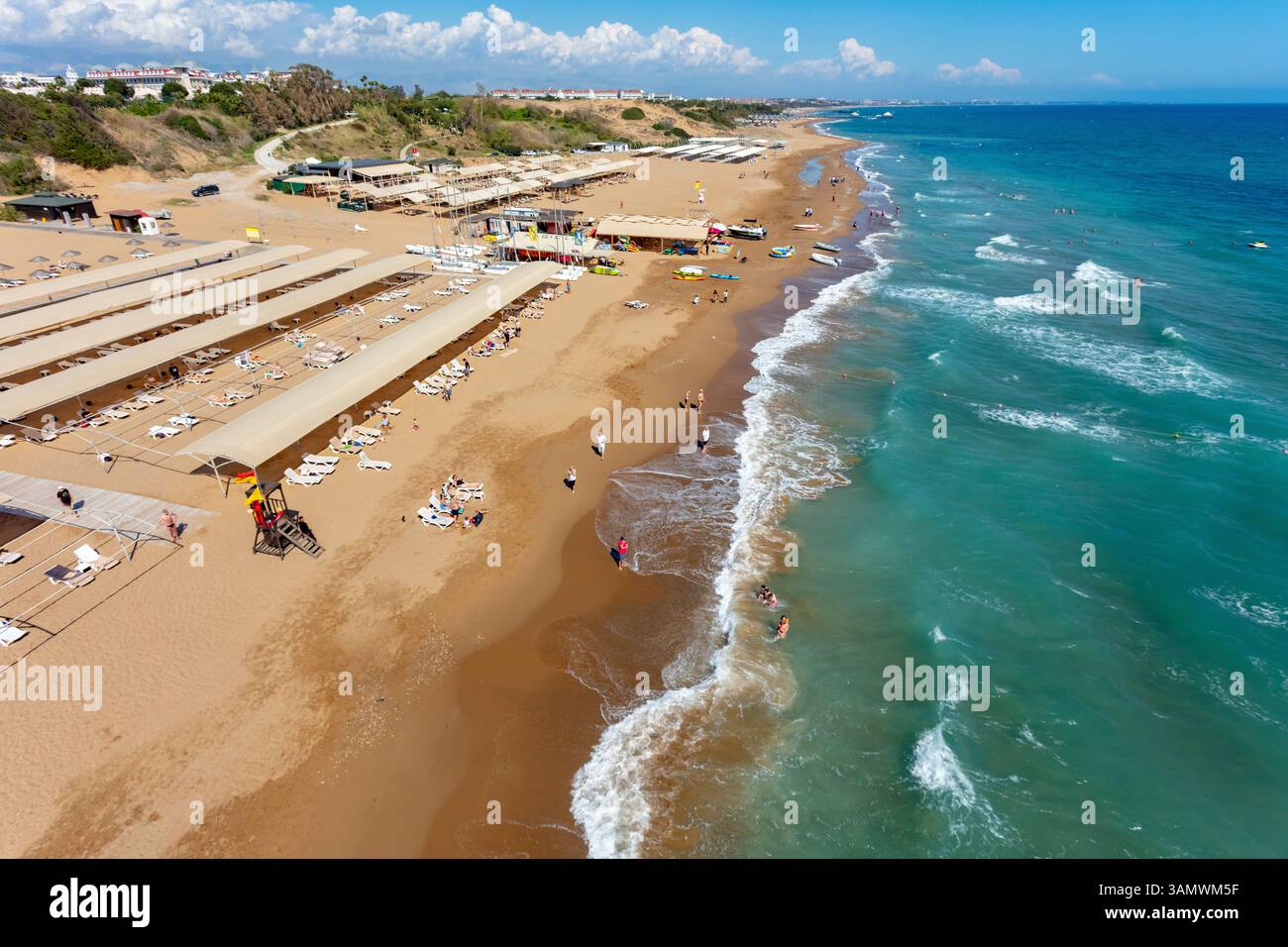 Aerial view of sand beach in the Mediterranean Sea coast of Side ...