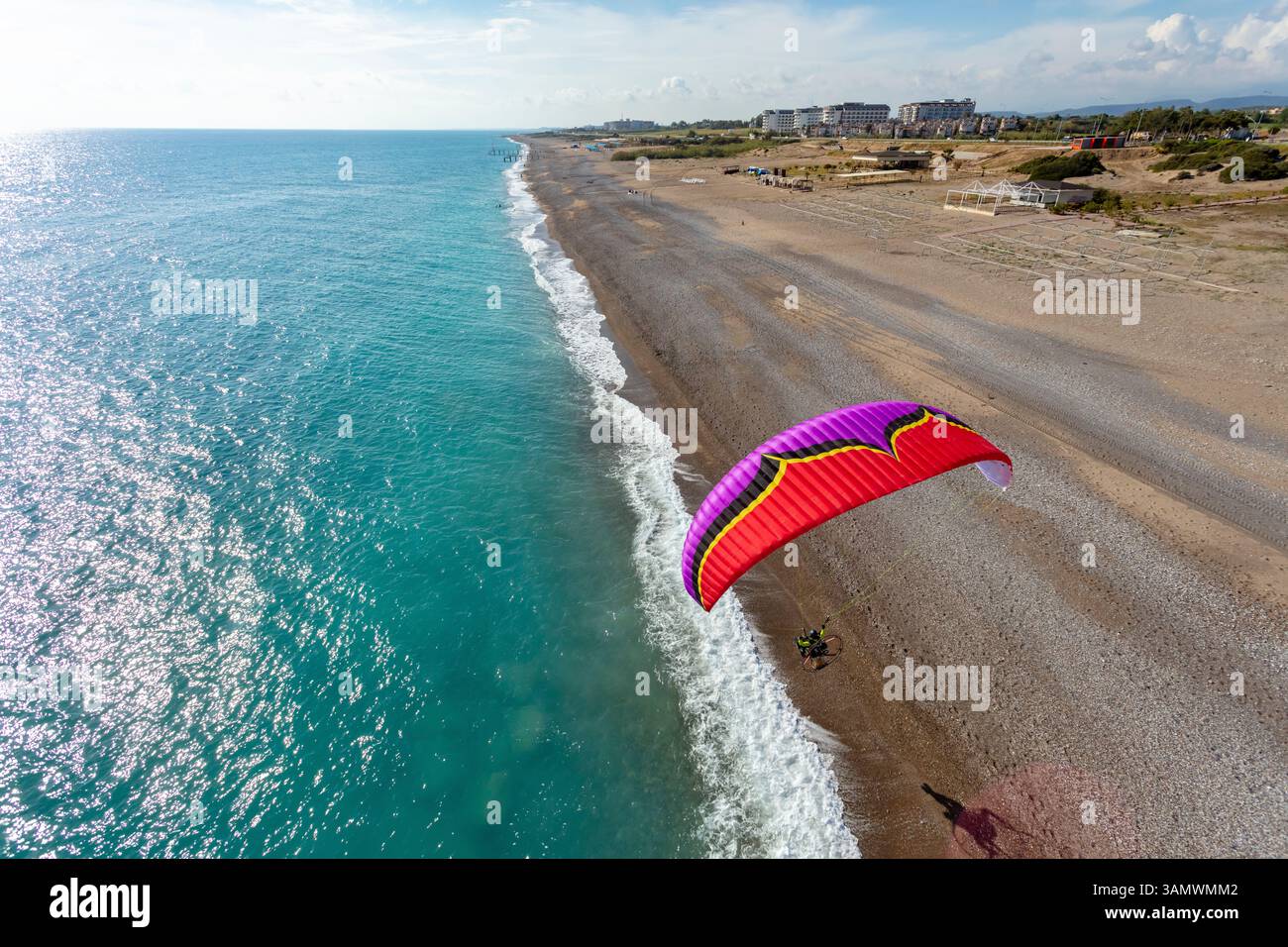 Aerial view of paramotor, Mediterranean Sea coast, Side, Antalya ...