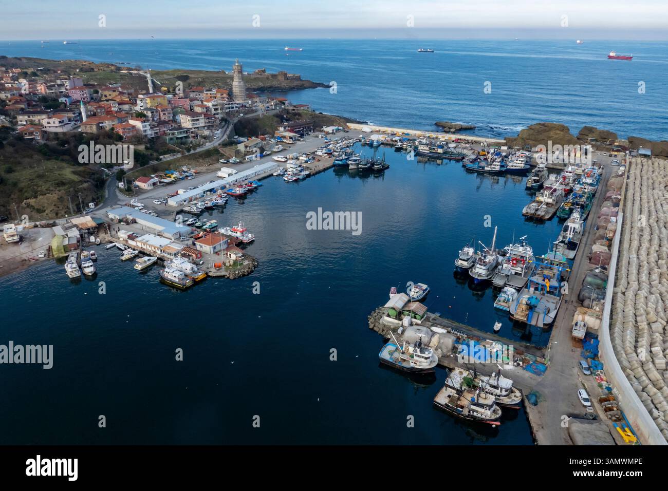 Aerial view of the Rumelian fishing port and the Rumelian Lighthouse at ...