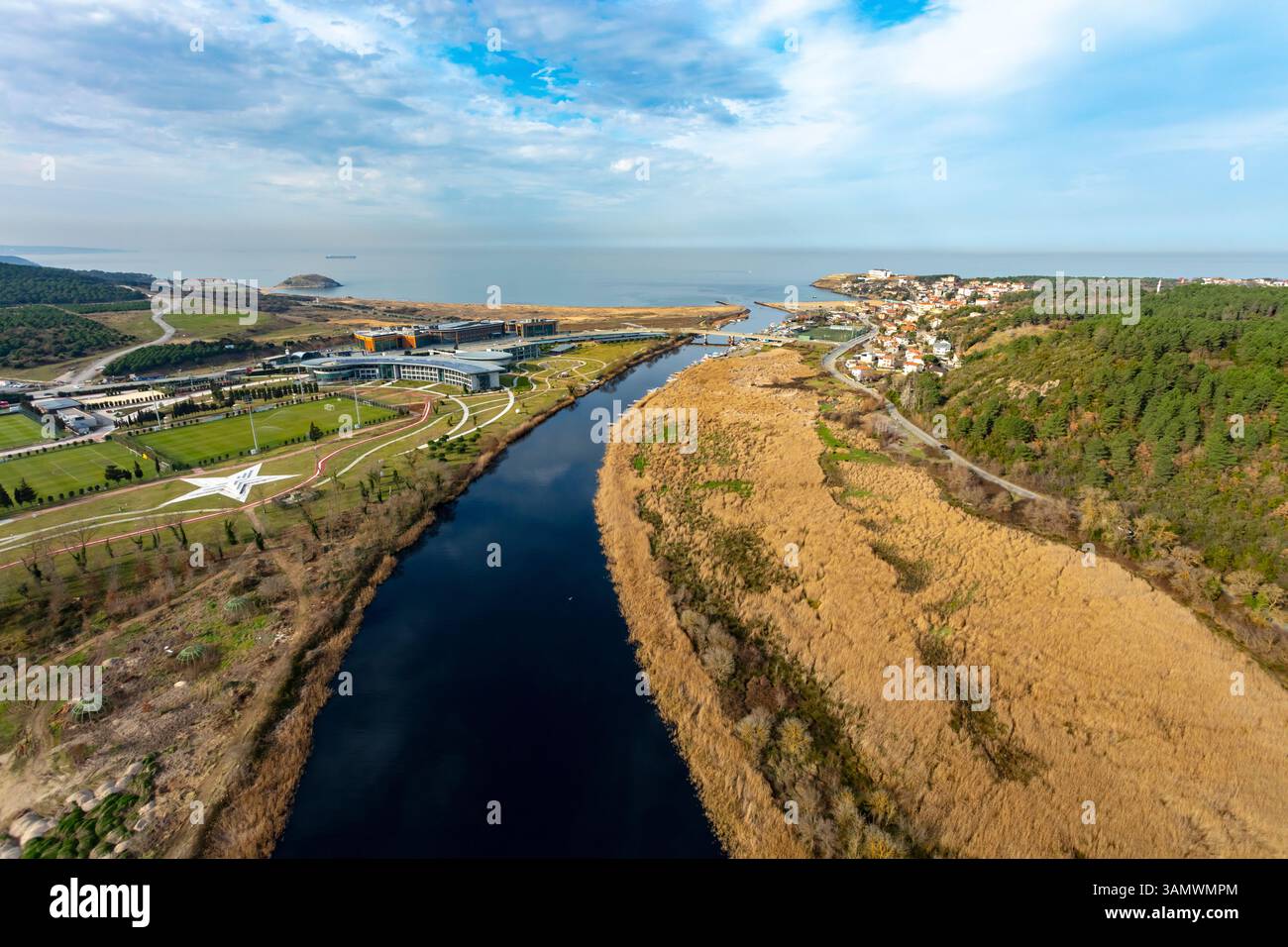 Aerial view of Riva River and a sports complex on the Black Sea coast ...