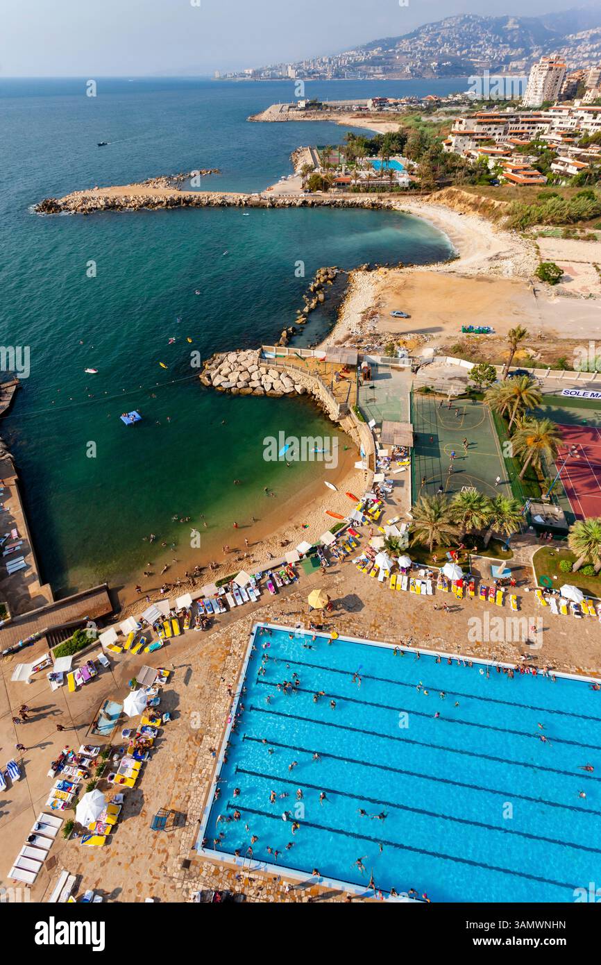 Aerial view of luxury resorts along the coast, Jounieh, Beirut, Lebanon ...