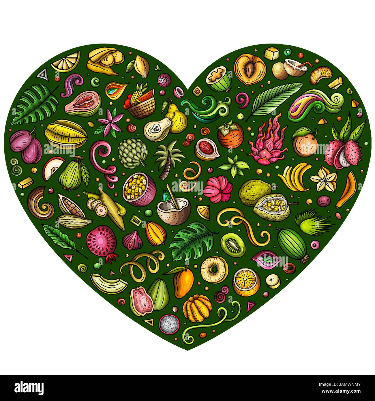 Set of Exotic Tropical Fruits cartoon doodle objects. Heart form ...