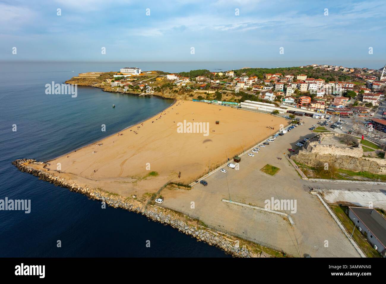 Aerial view of beach and historical monument in Riva on the Black Sea ...