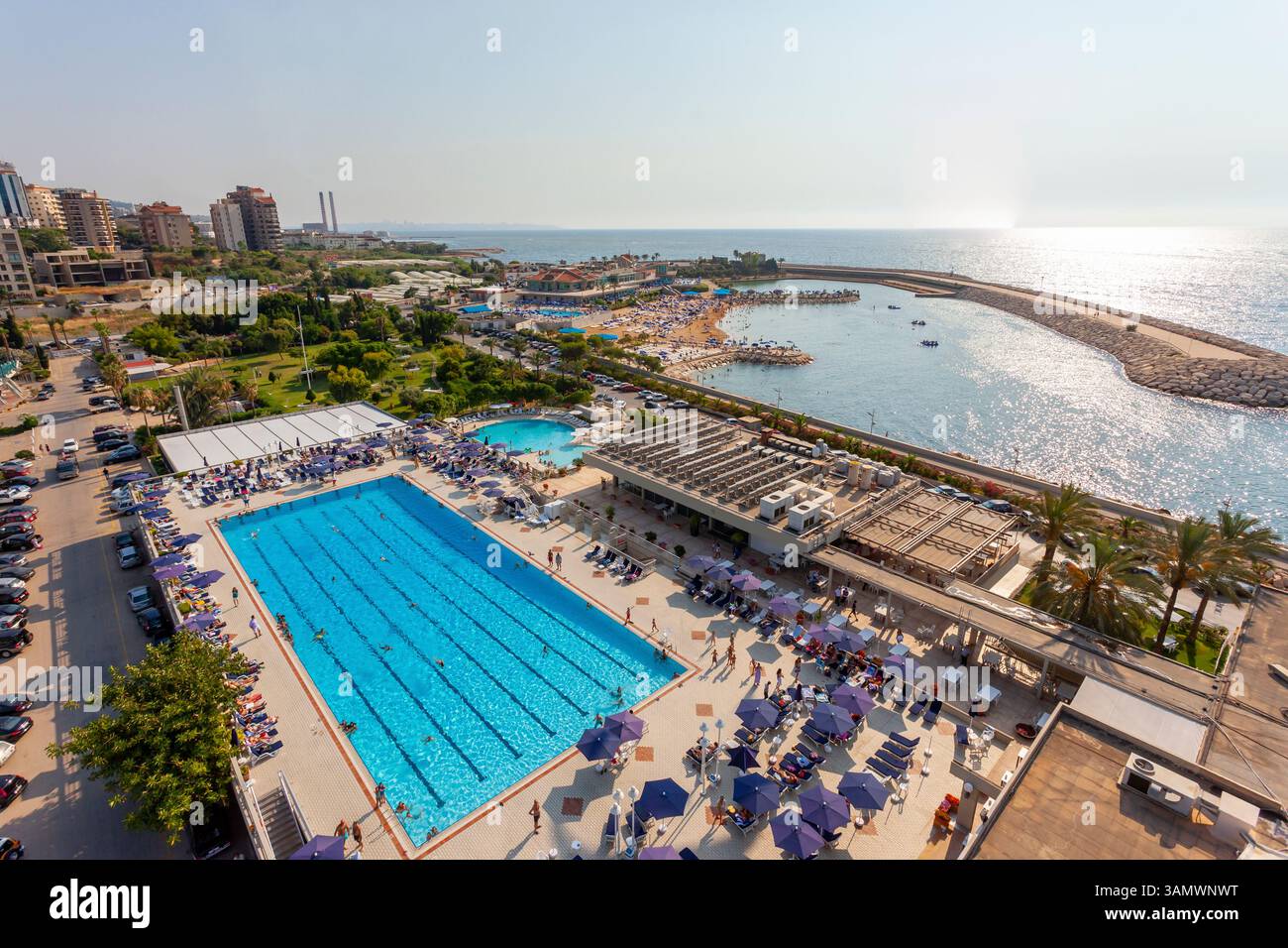 Aerial view of luxury resorts along the coast, Jounieh, Beirut, Lebanon ...