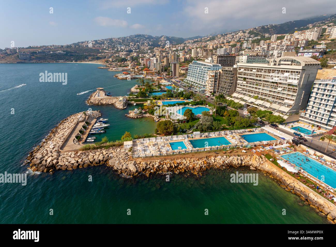 Aerial view of luxury resorts along the coast, Jounieh, Beirut, Lebanon ...
