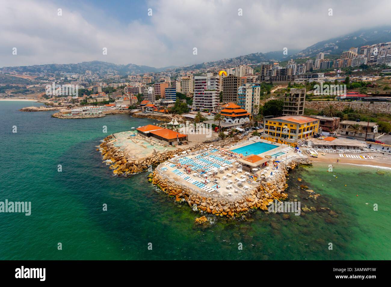 Aerial view of hotels along the coastline, Jounieh, Beirut, Lebanon ...