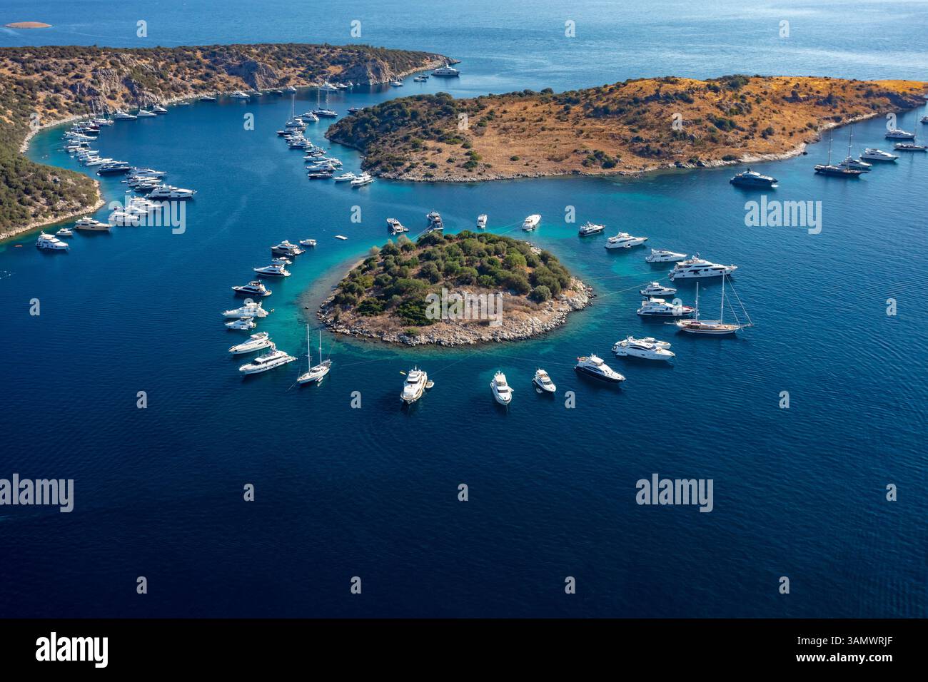 Aerial view of anchored boats in Turkbuku, Bodrum, Turkey Stock Photo ...