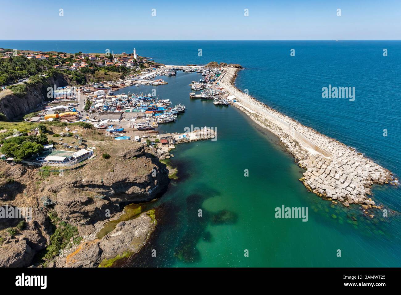Aerial view of the Rumelian fishing port and the Rumelian Lighthouse at ...