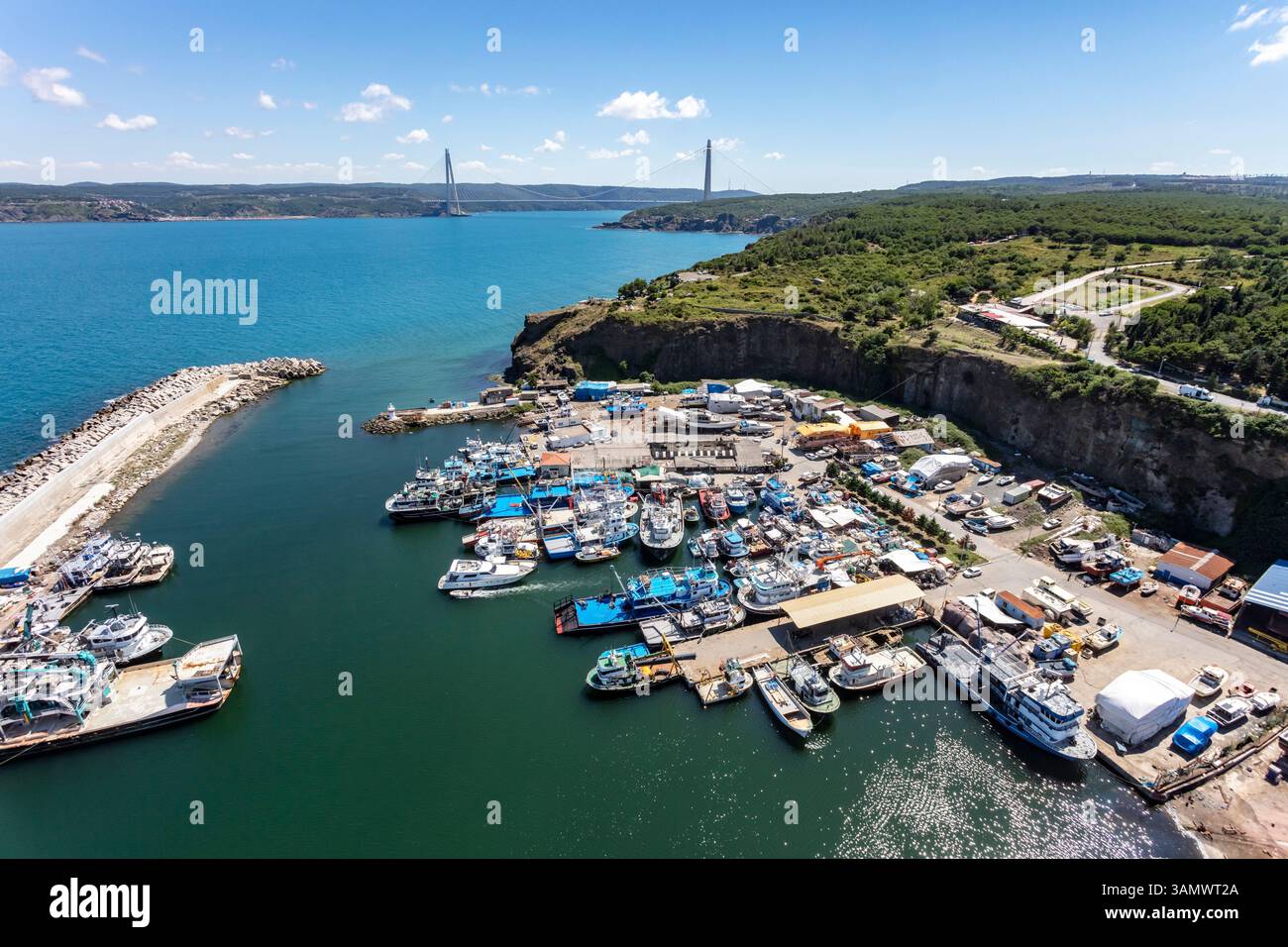 Aerial view of the Rumelian fishing port and the Yavuz Sultan Selim ...