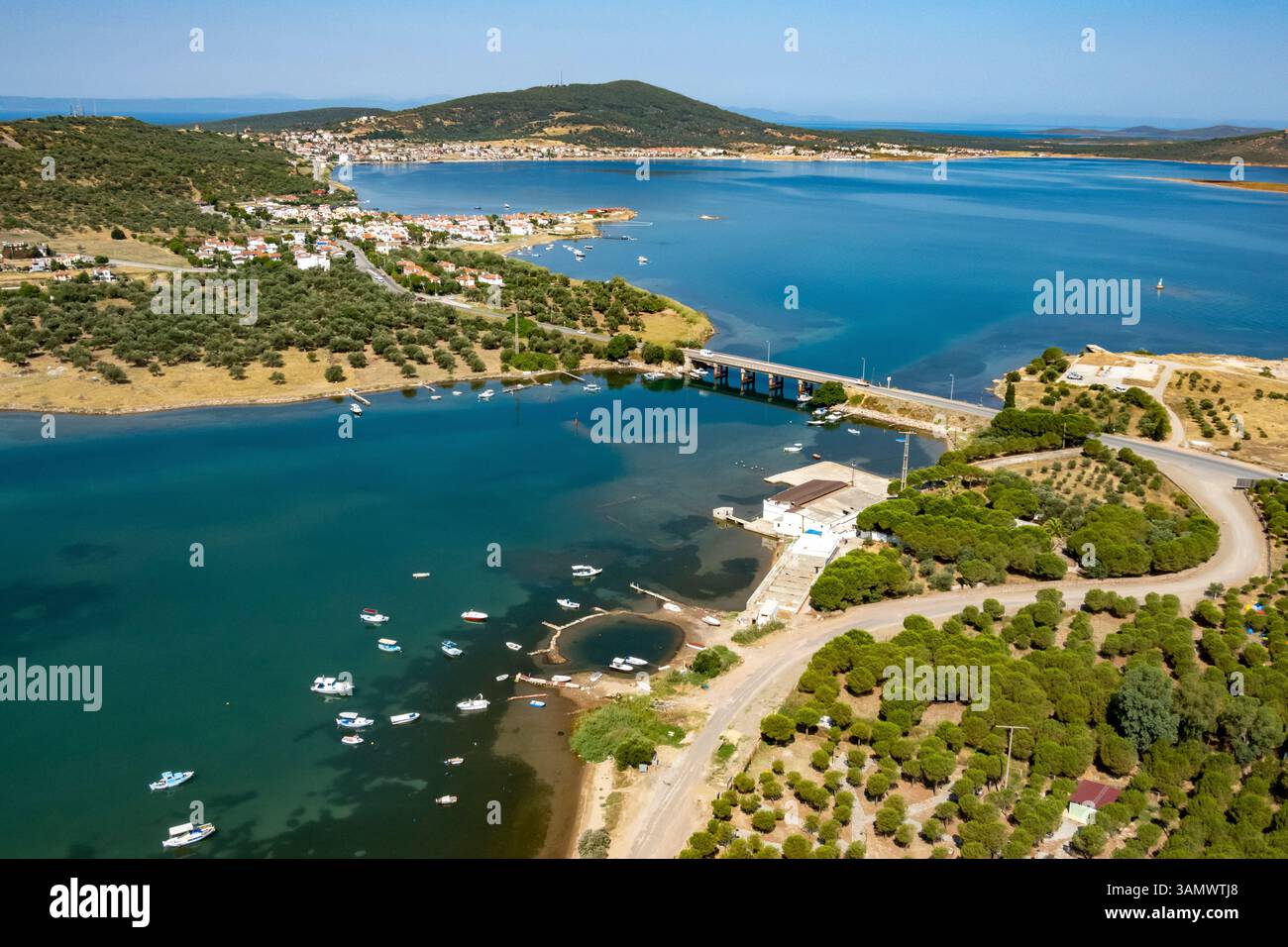 Aerial view of Turkey's oldest strait bridge between Dolap Island and ...
