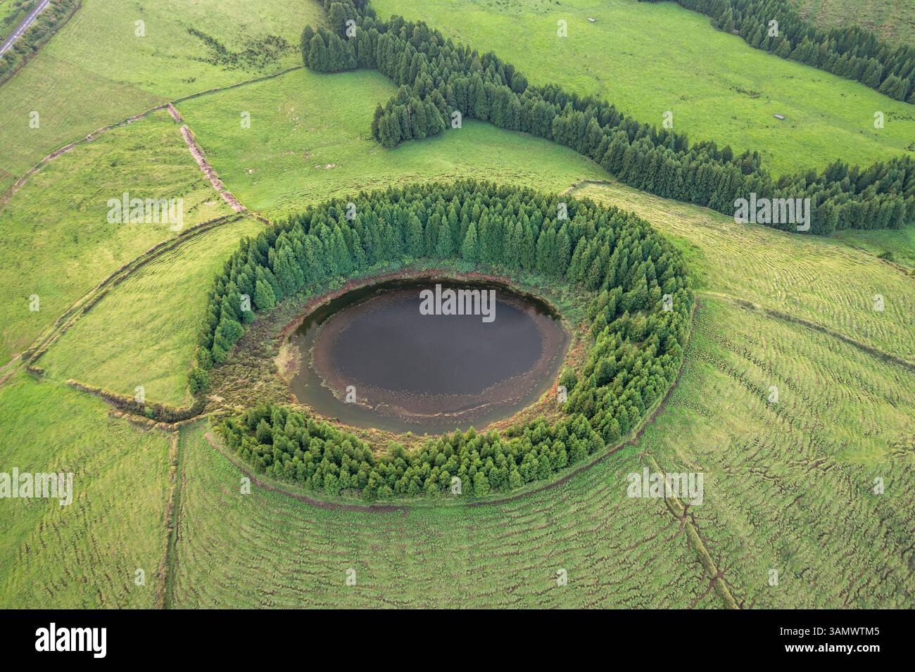 Aerial view of a volcanic formation with a lake on top, Azores Islands ...
