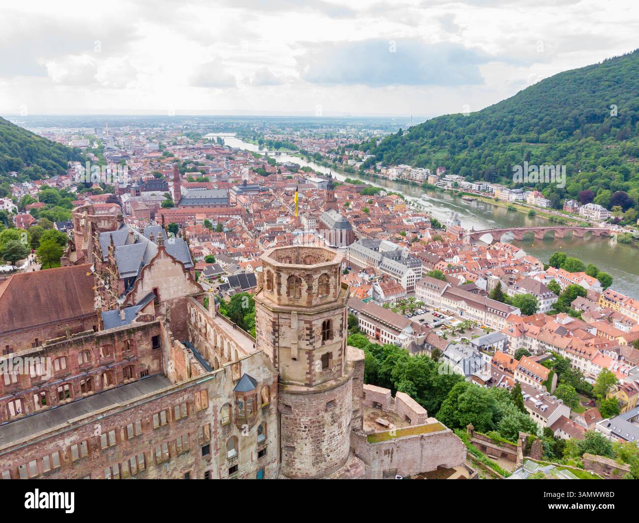 Aerial View of Heidelberger Schloss castle with city center in ...