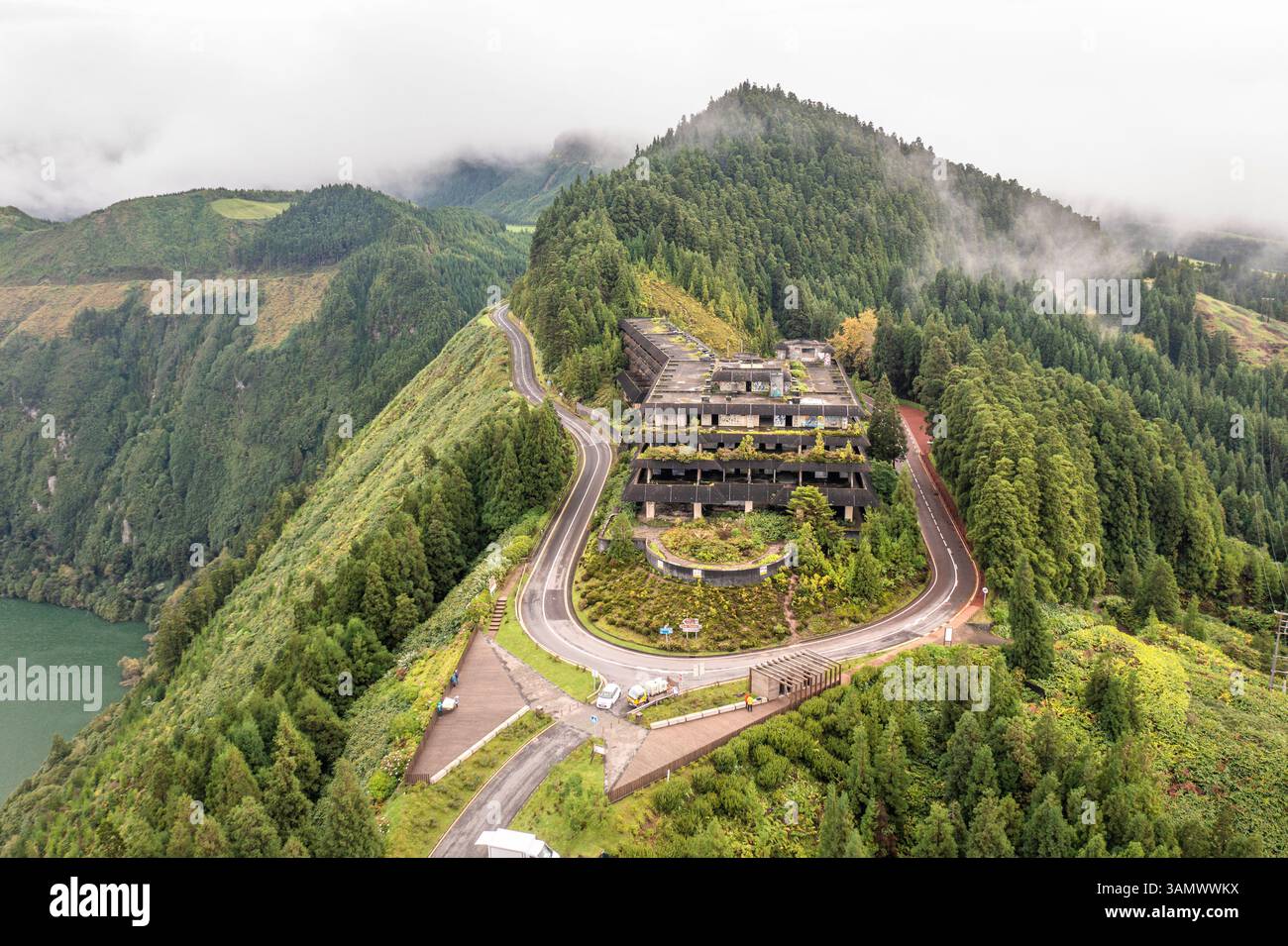 Aerial view of a hotel ruins, an abandoned building along the road near ...