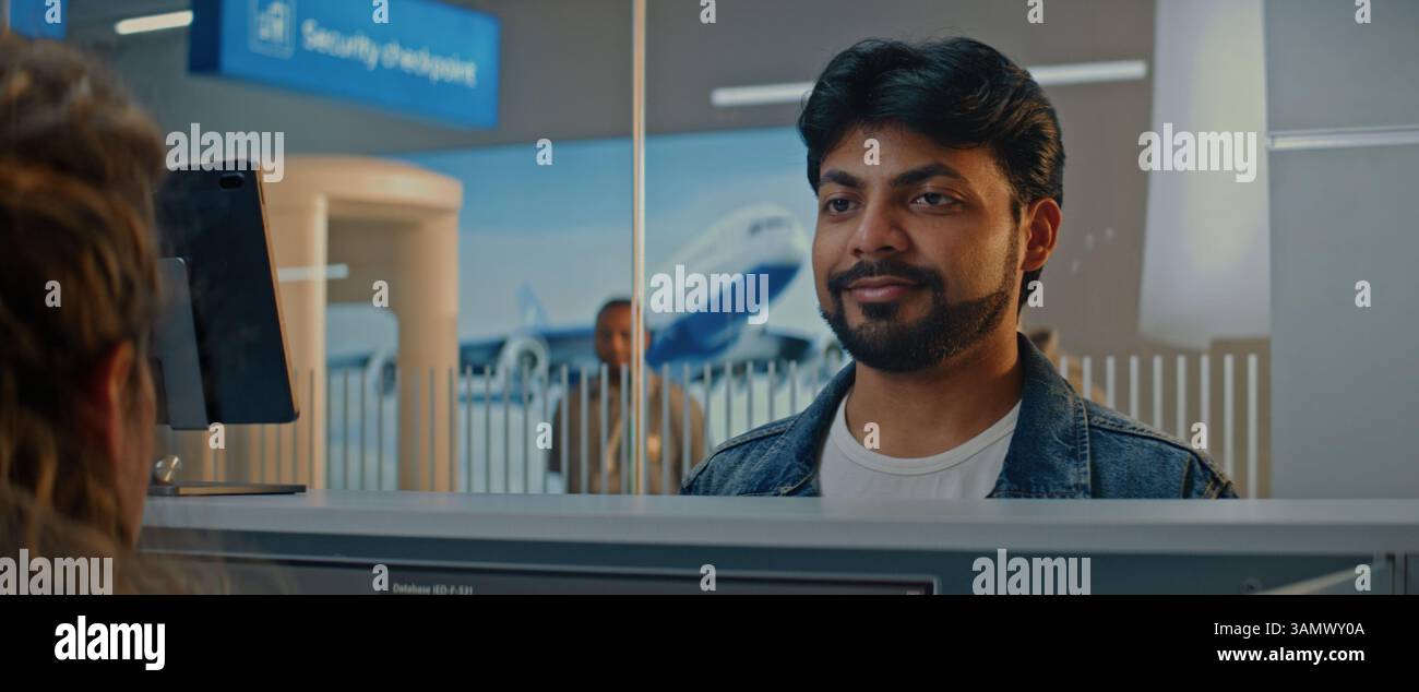 Airport Check-in Counter: Indian Man Giving Documents and Airplane ...