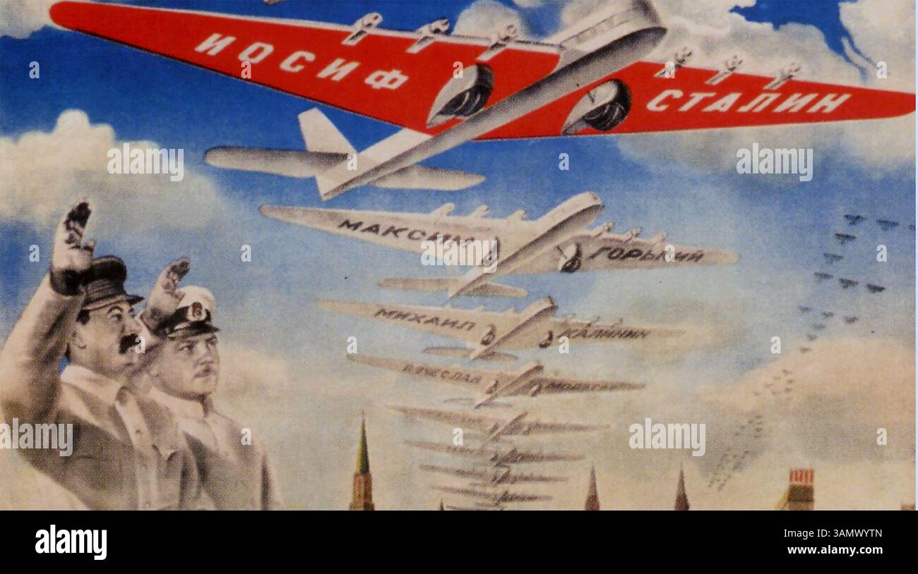 SOVIET POSTER showing Stalin at left (with Voroshilov ?) with a stream ...