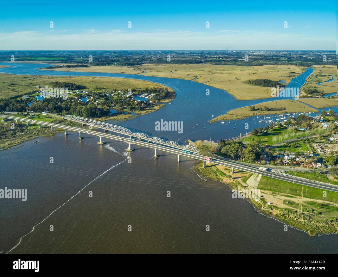 Aerial view of Santa Lucia River and bridge, Montevideo, Uruguay Stock ...