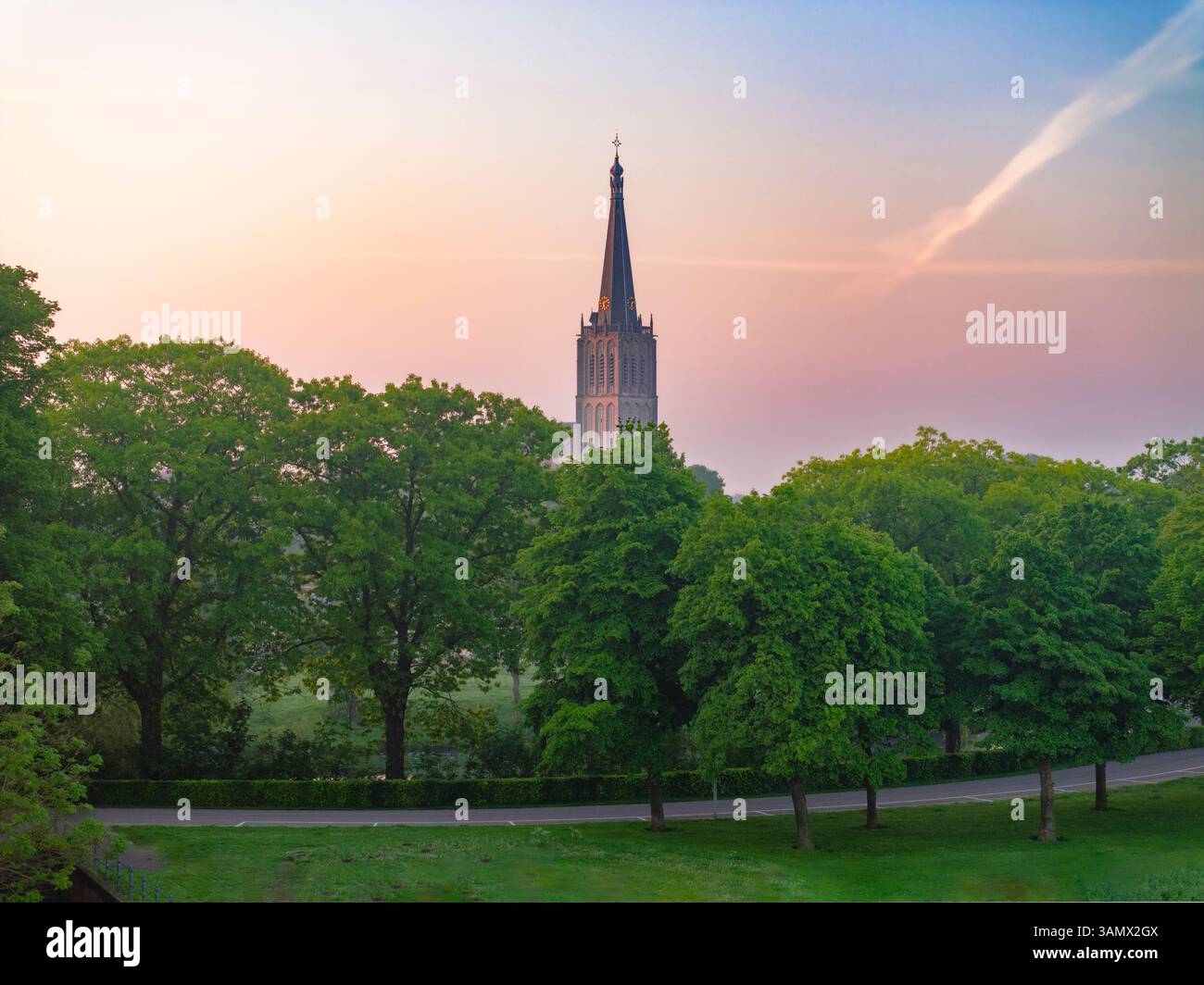 Aerial view of martinikerk with its spire surrounded by trees and a ...