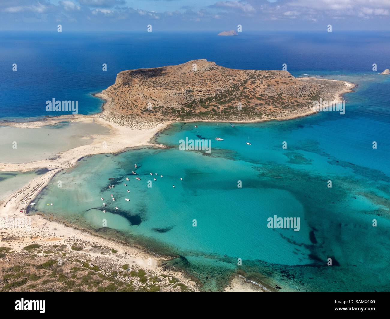 Aerial view of elafonissi beach with clear water and turquoise sea ...