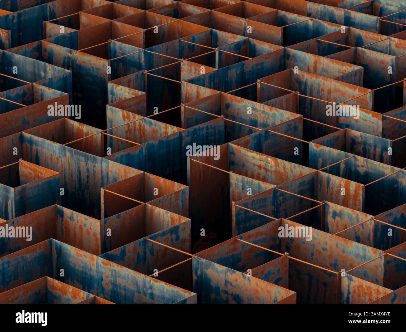 Aerial view of intricate steel maze and labyrinth design with abstract patterns, Genk, Limburg ...
