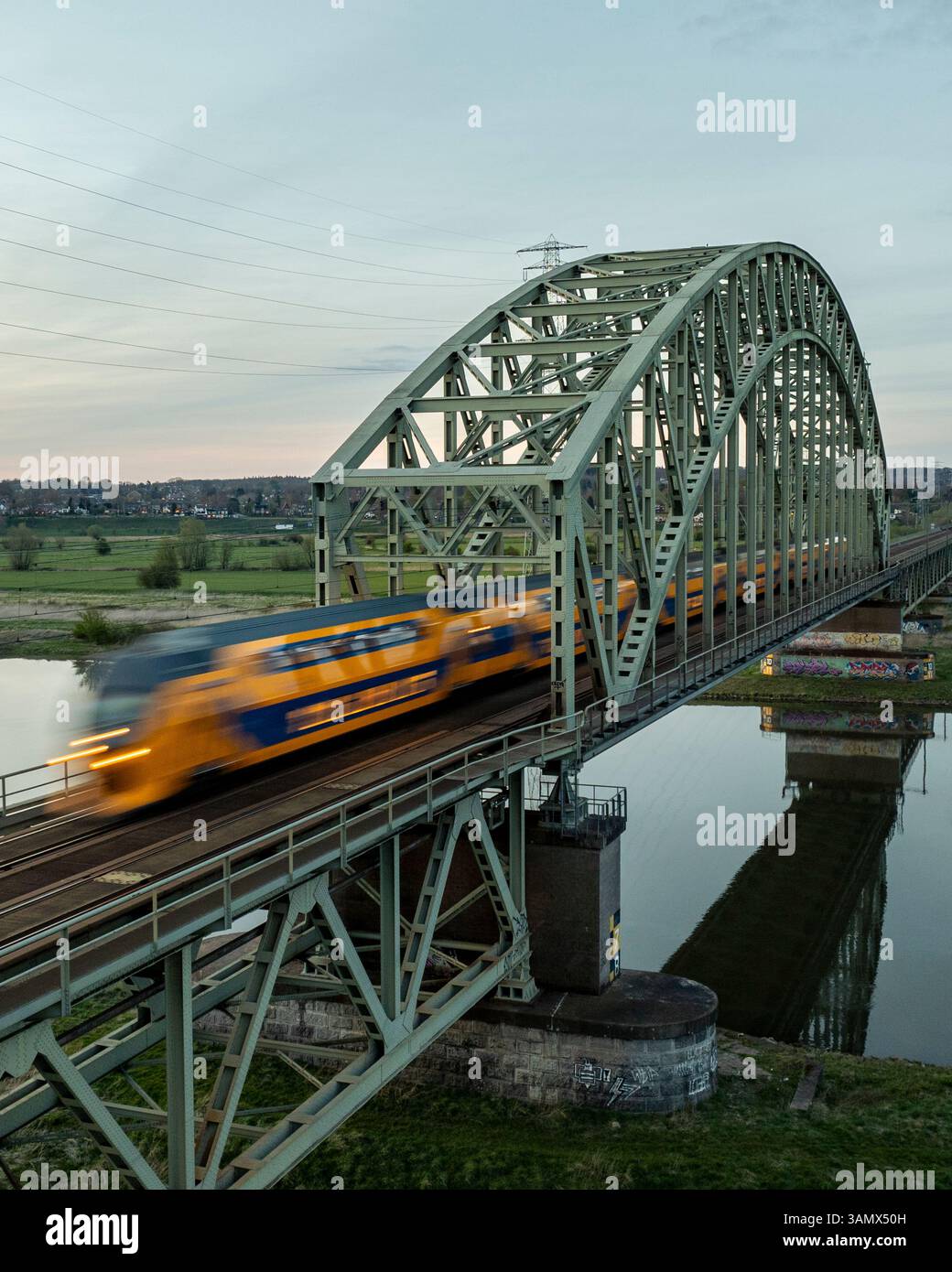 Aerial view of Spoorburg Oosterbeek bridge over the Rijn river with a ...