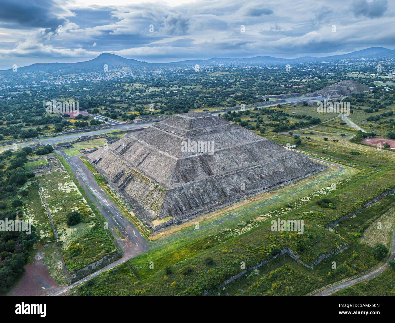 Aerial view of the ancient sun pyramid amidst a beautiful landscape and ...