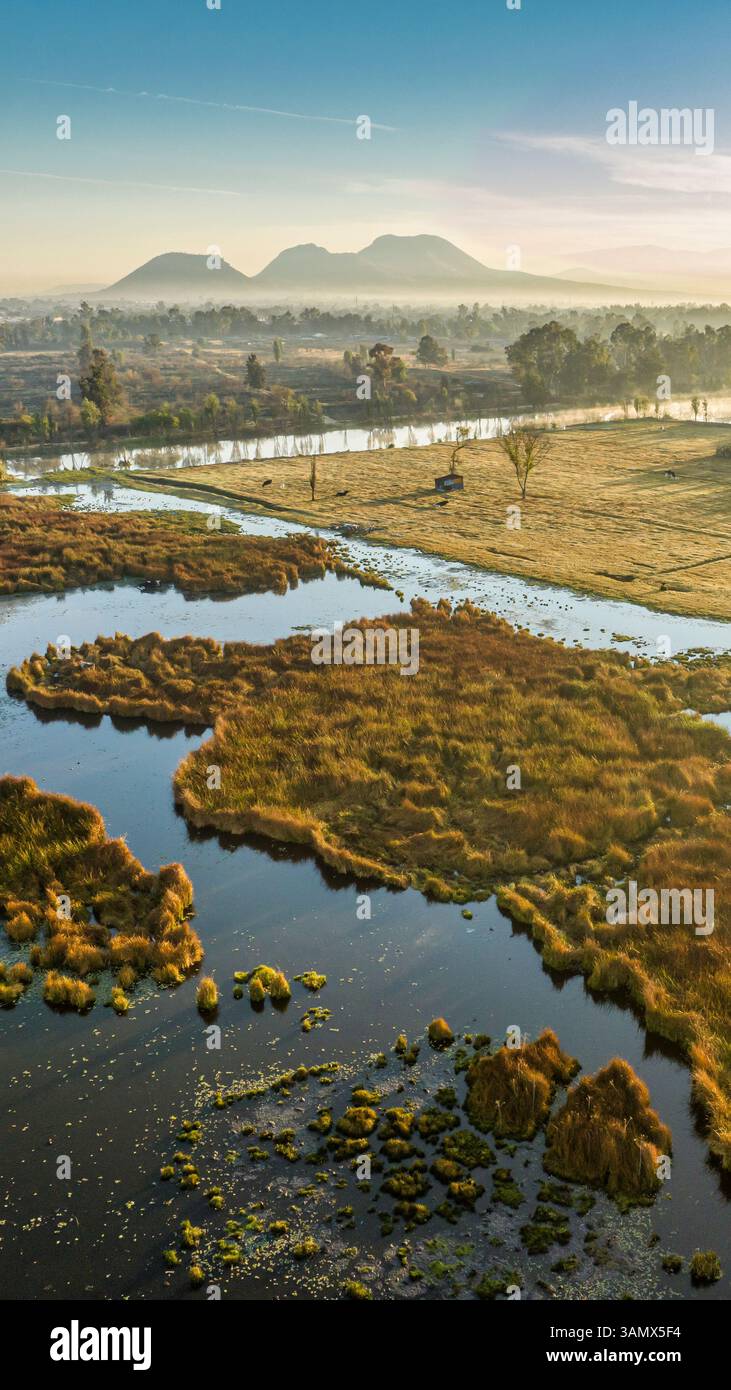 Aerial view of tranquil chinampas with lush vegetation and calm waters ...