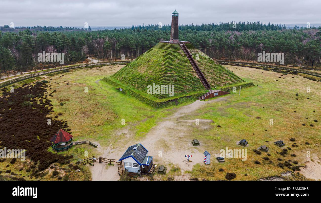 Aerial view of the historic Pyramid Van Austerlitz surrounded by lush ...