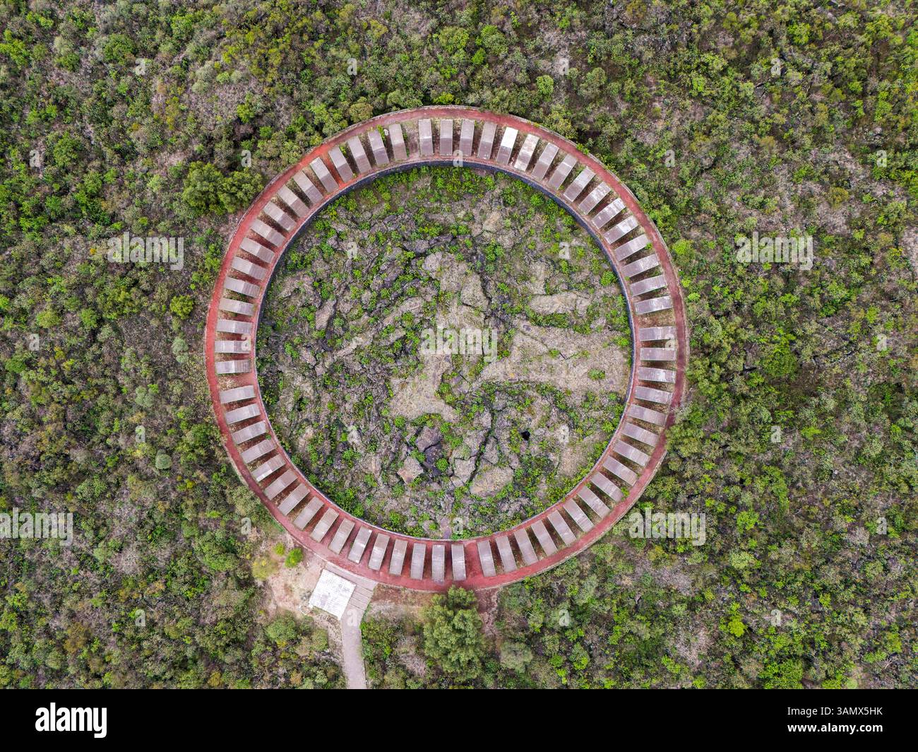 Aerial view of the unique circular sculpture surrounded by lush ...