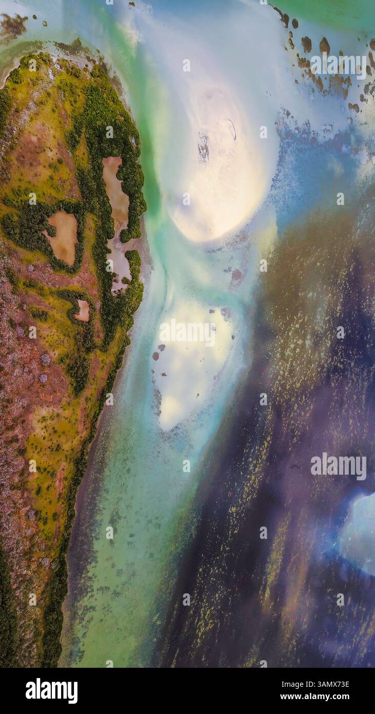 Aerial view of the beautiful Ria Lagartos Biosphere Reserve with clear ...