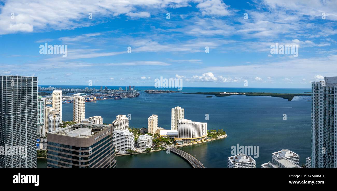 Aerial view of modern skyline with high-rise buildings and Biscayne Bay ...