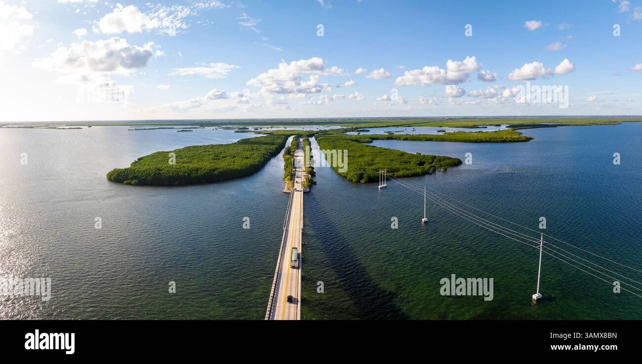 Aerial view of card sound bridge crossing over tranquil blue waters ...