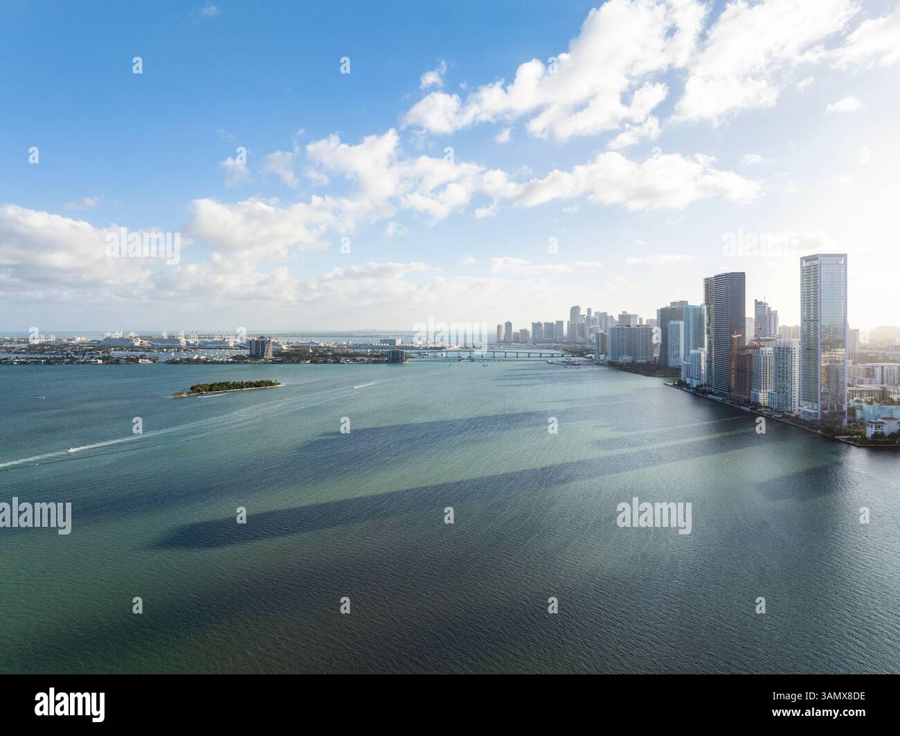 Aerial view of beautiful Biscayne Bay with Miami skyline and modern ...